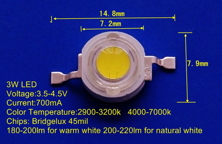 220LM High Power LED 3w Bridgelux Chip 6000K-6500K